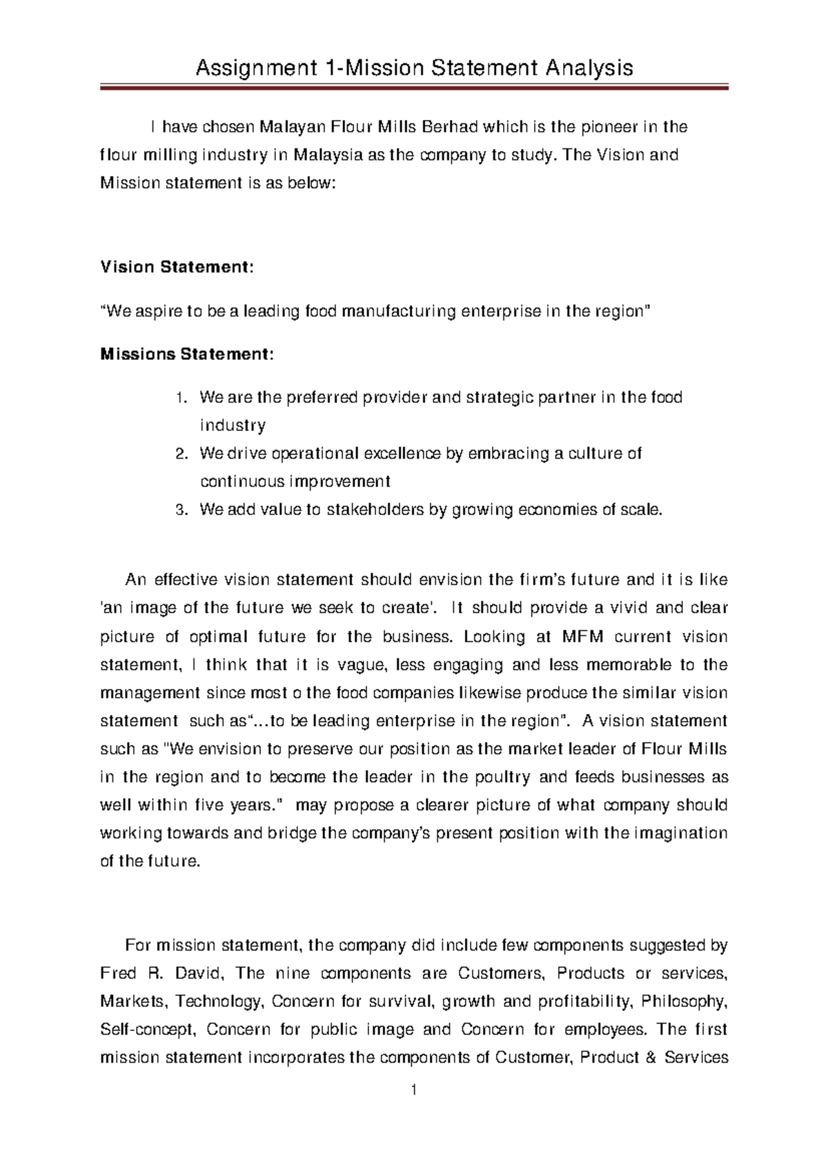Assignment 1-Mission Statement Analysis - I have chosen Malayan Flour M ...