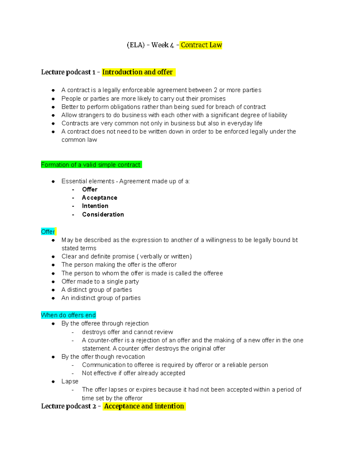 (ELA) - Week 4 - Contract Law-2 - (ELA) - Week 4 - Contract Law Lecture podcast 1 - Introduction ...