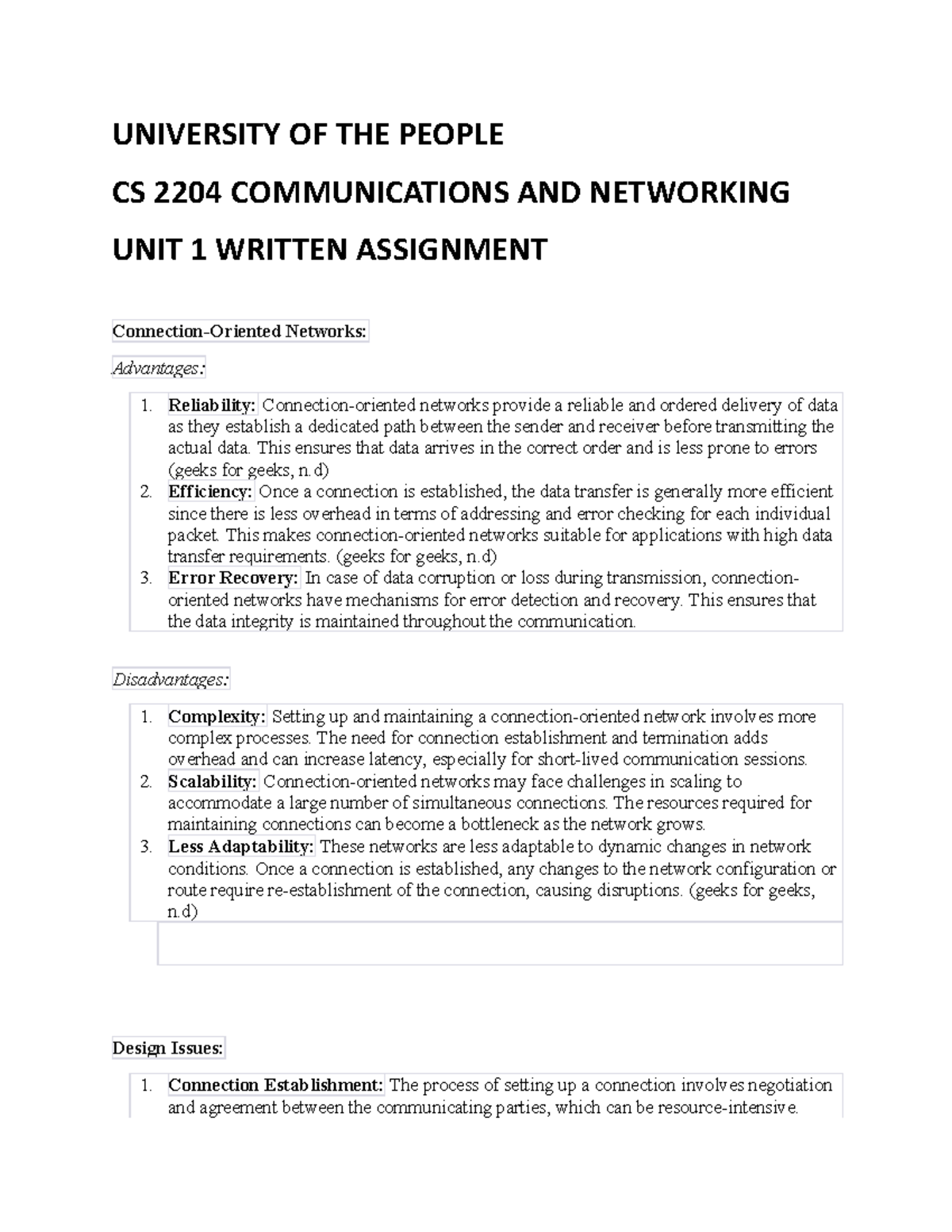 Connection-Oriented and Connectionless Networsk - UNIVERSITY OF THE PEOPLE CS 2204 ...