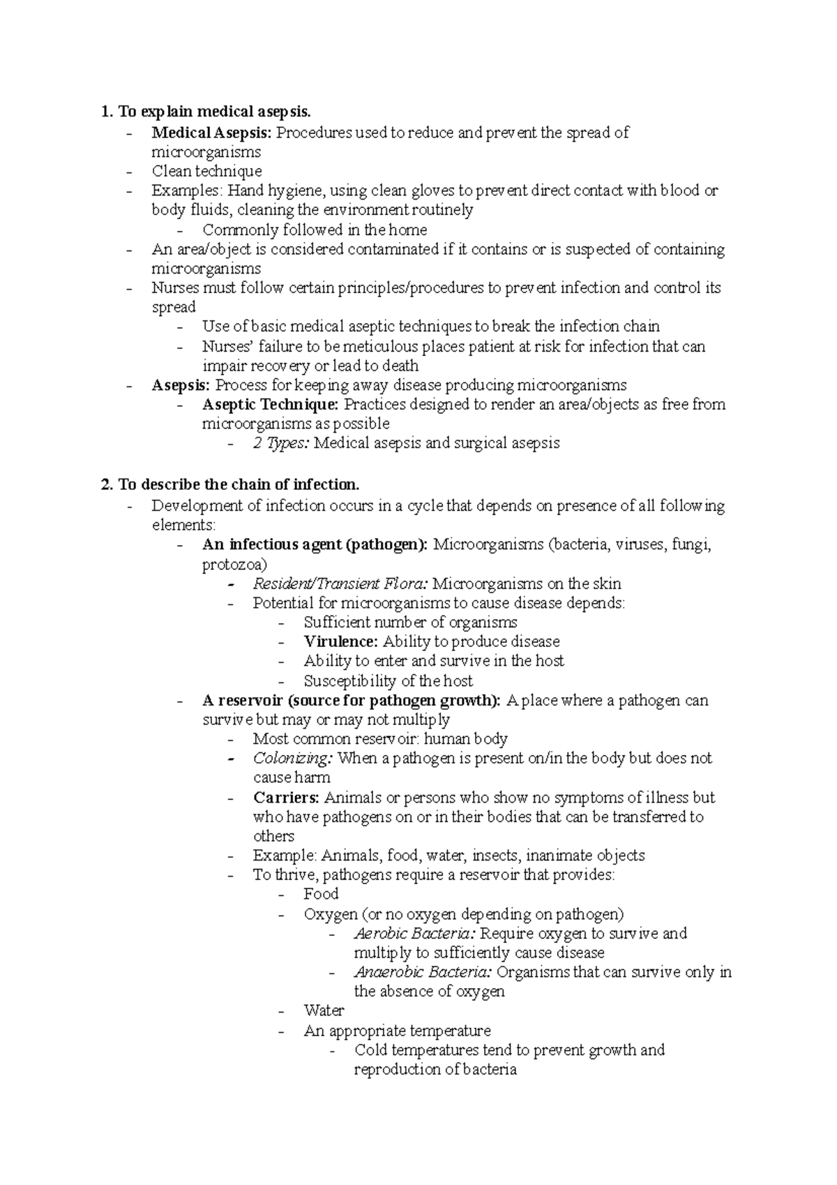 N1160 WEEK 1 - Medical Asepsis and Infection Control - 1. To explain ...