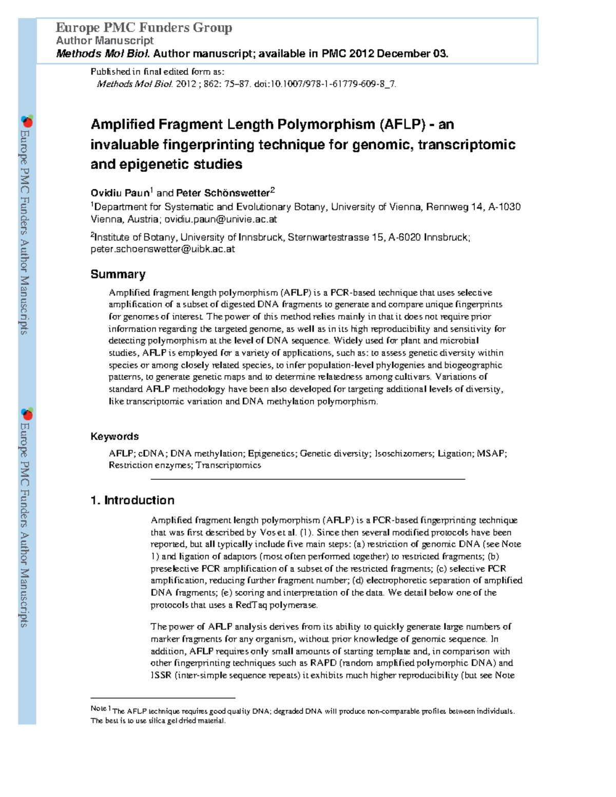 Amplified Fragment Length Polymorphism Aflp An Invaluable Fingerprinting Technique For