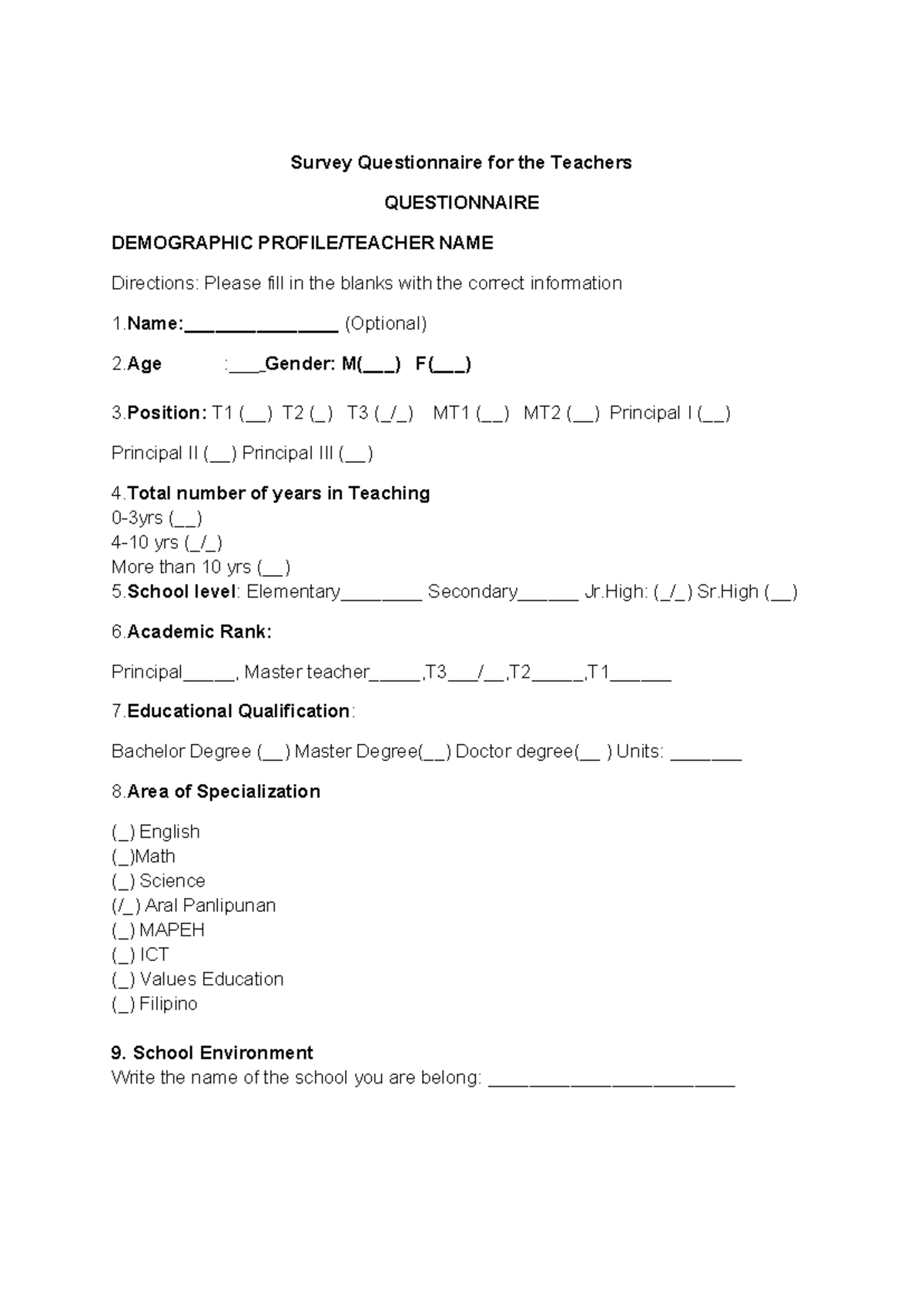Socio- Demographic - monitoring - Survey Questionnaire for the Teachers ...