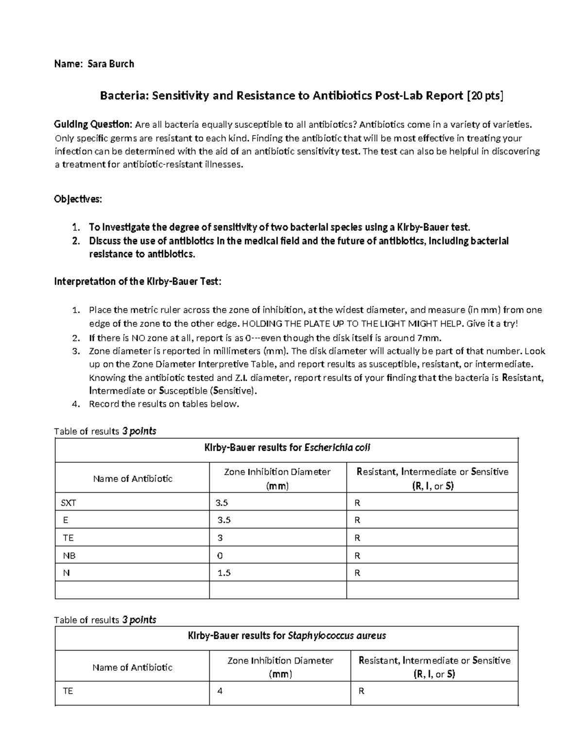 Antibiotics post lab report - Name: Sara Burch Bacteria: Sensitivity ...