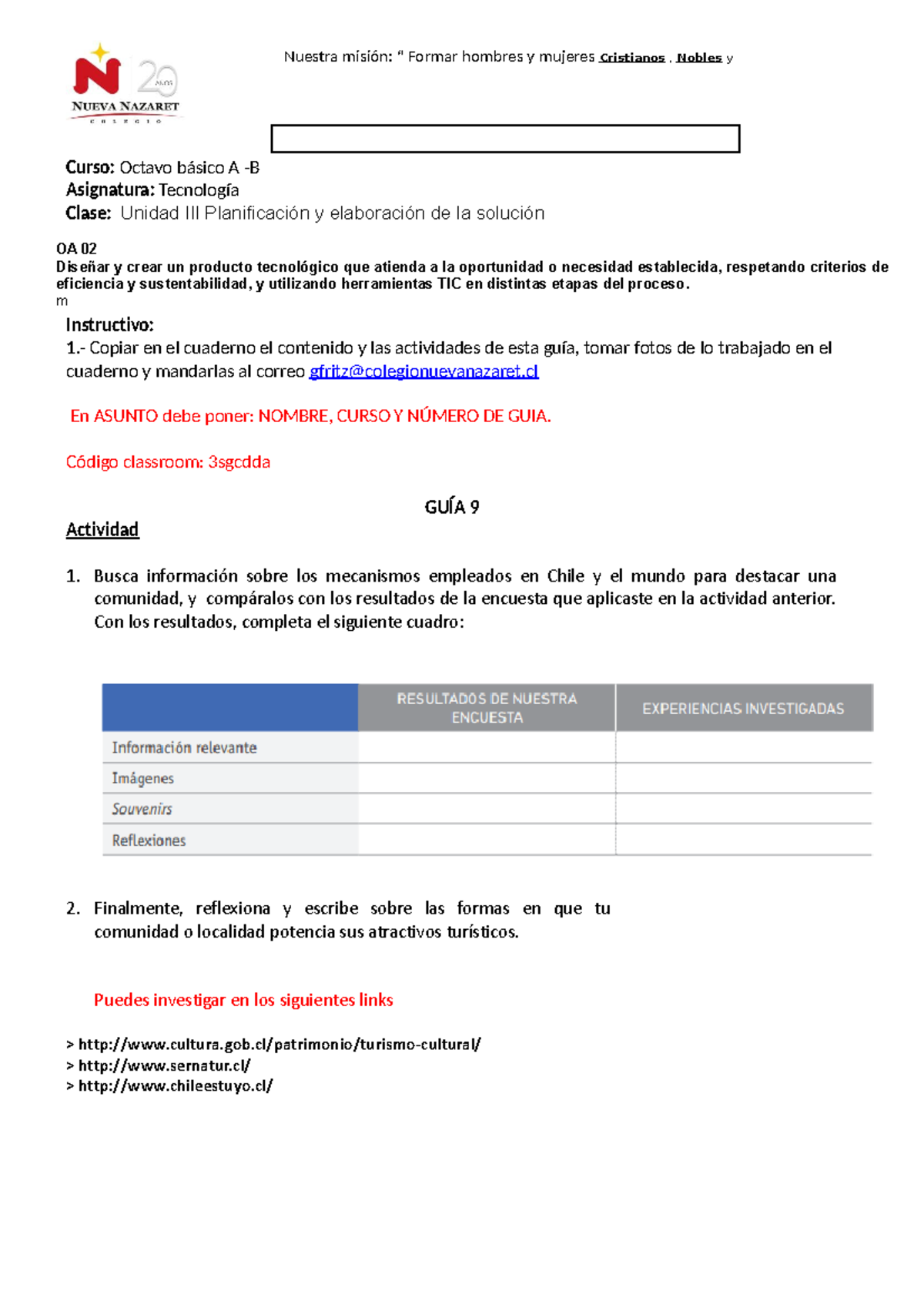 8° Basico Tecnologia Guia 9 - Curso: Octavo básico A -B Asignatura ...