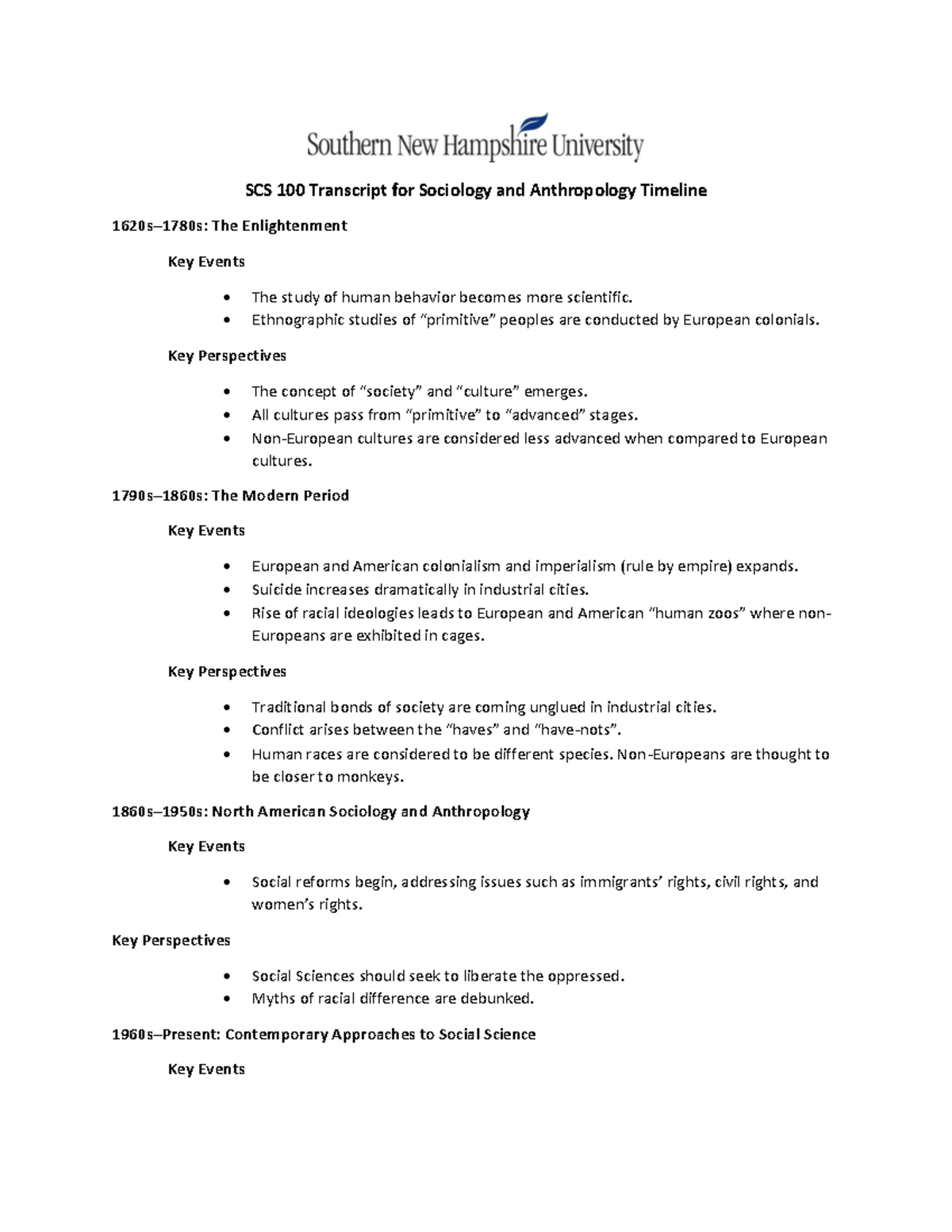 SCS 100 Transcript for Sociology and Anthropology Timeline ...