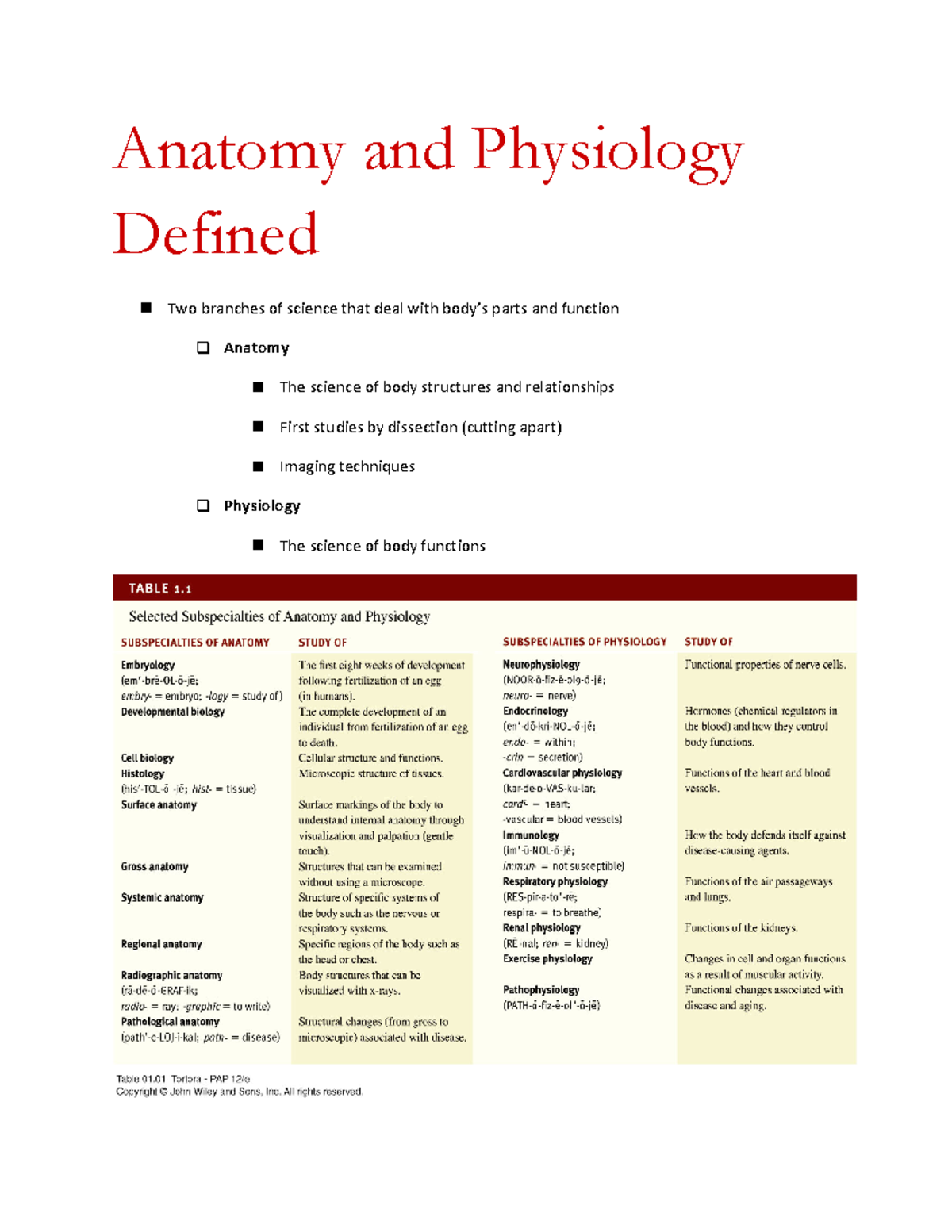 1 - anatomy and physiology notes - Anatomy and Physiology Defined Two ...