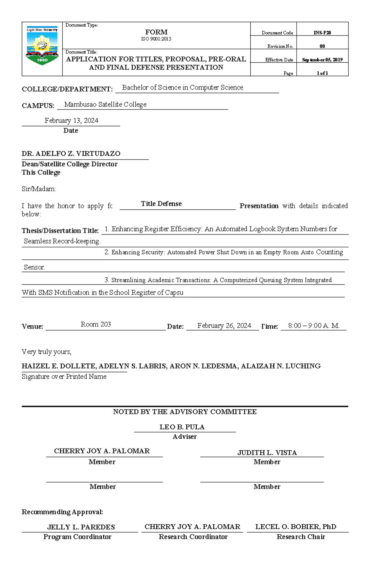 Application-for-Defense-1- Group 7 - Document Type: FORM ISO 9001 ...