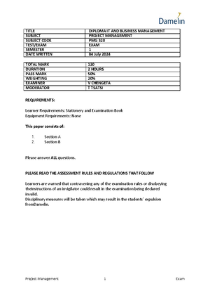Project Management (test) 2013 - Damelin TITLE DIPLOMA: BUSINESS ...