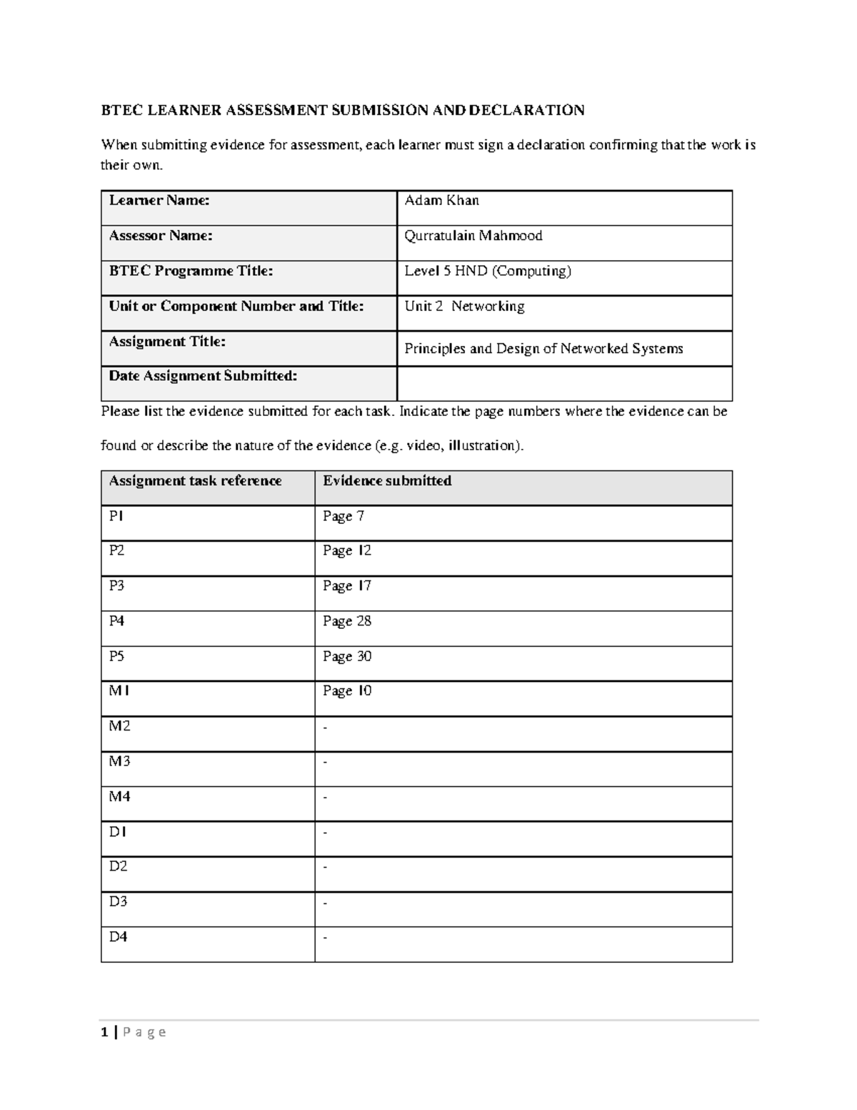 Unit-02 Networking - BTEC LEARNER ASSESSMENT SUBMISSION AND DECLARATION When submitting evidence ...