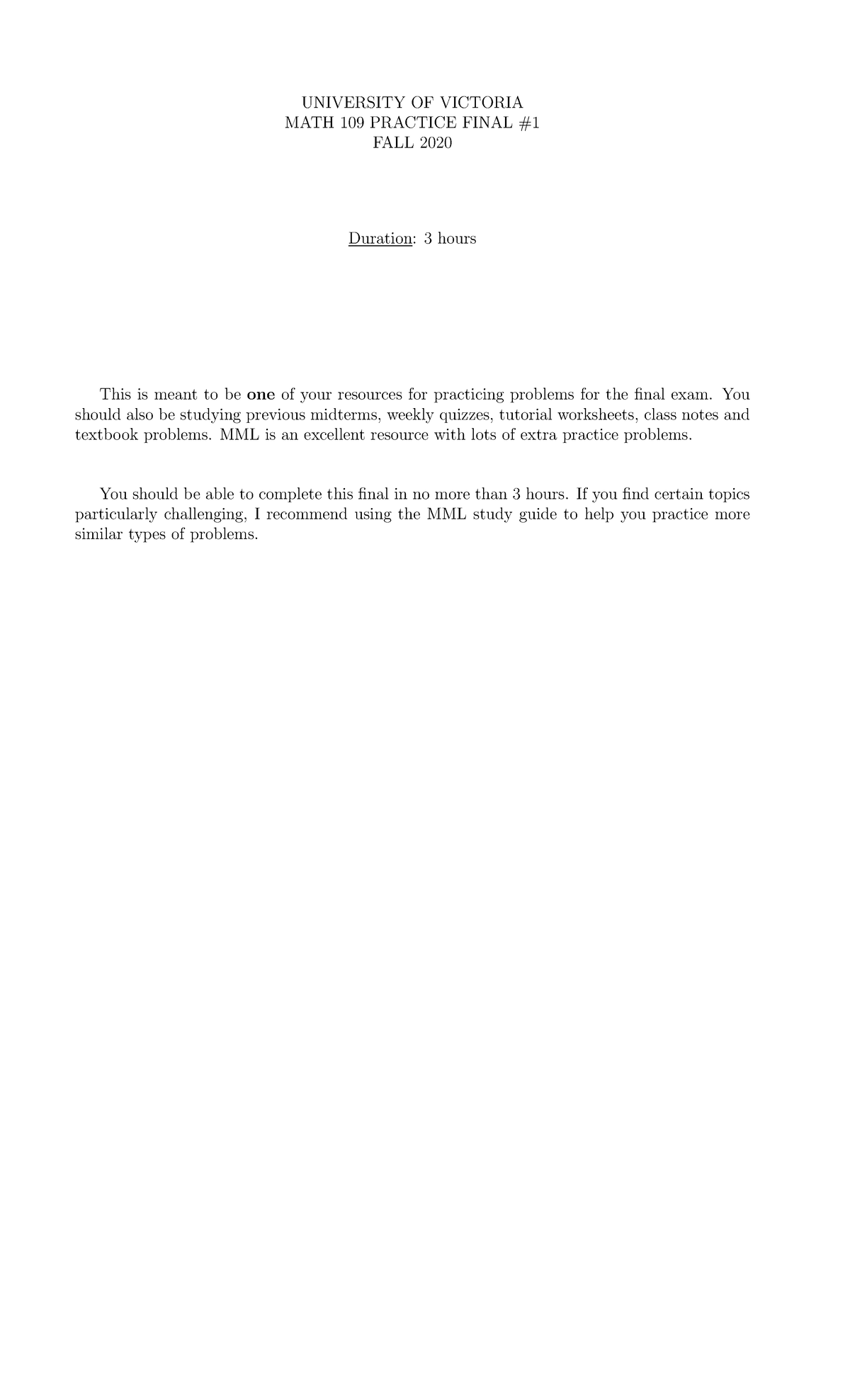 Math 109 Practice Final #1 - UNIVERSITY OF VICTORIA MATH 109 PRACTICE ...