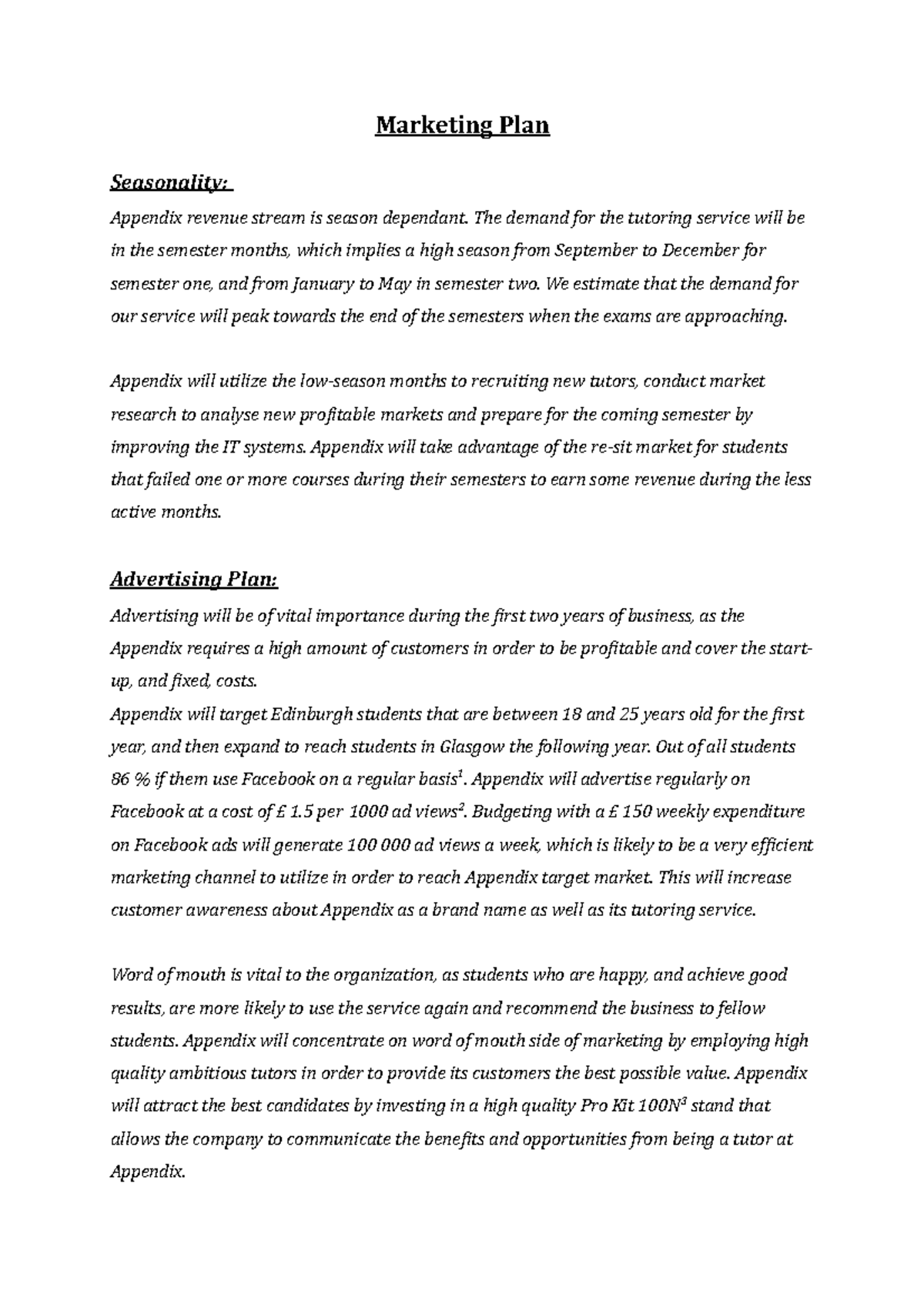 Marketing Plan Venturing - Marketing Plan Seasonality: Appendix revenue ...