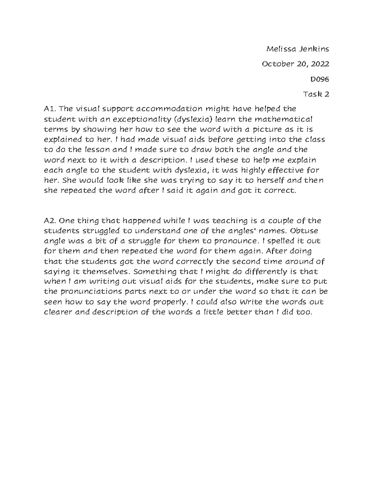 Task 2 - written task - Melissa Jenkins October 20, 2022 D Task 2 A1 ...