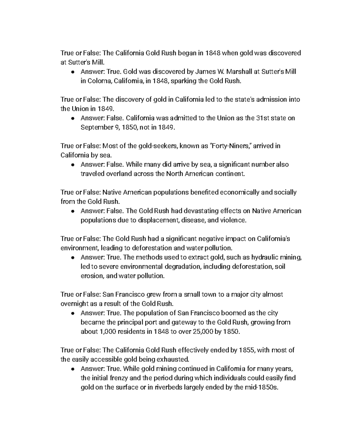 California Gold Rush true or false quiz - True or False: The California ...
