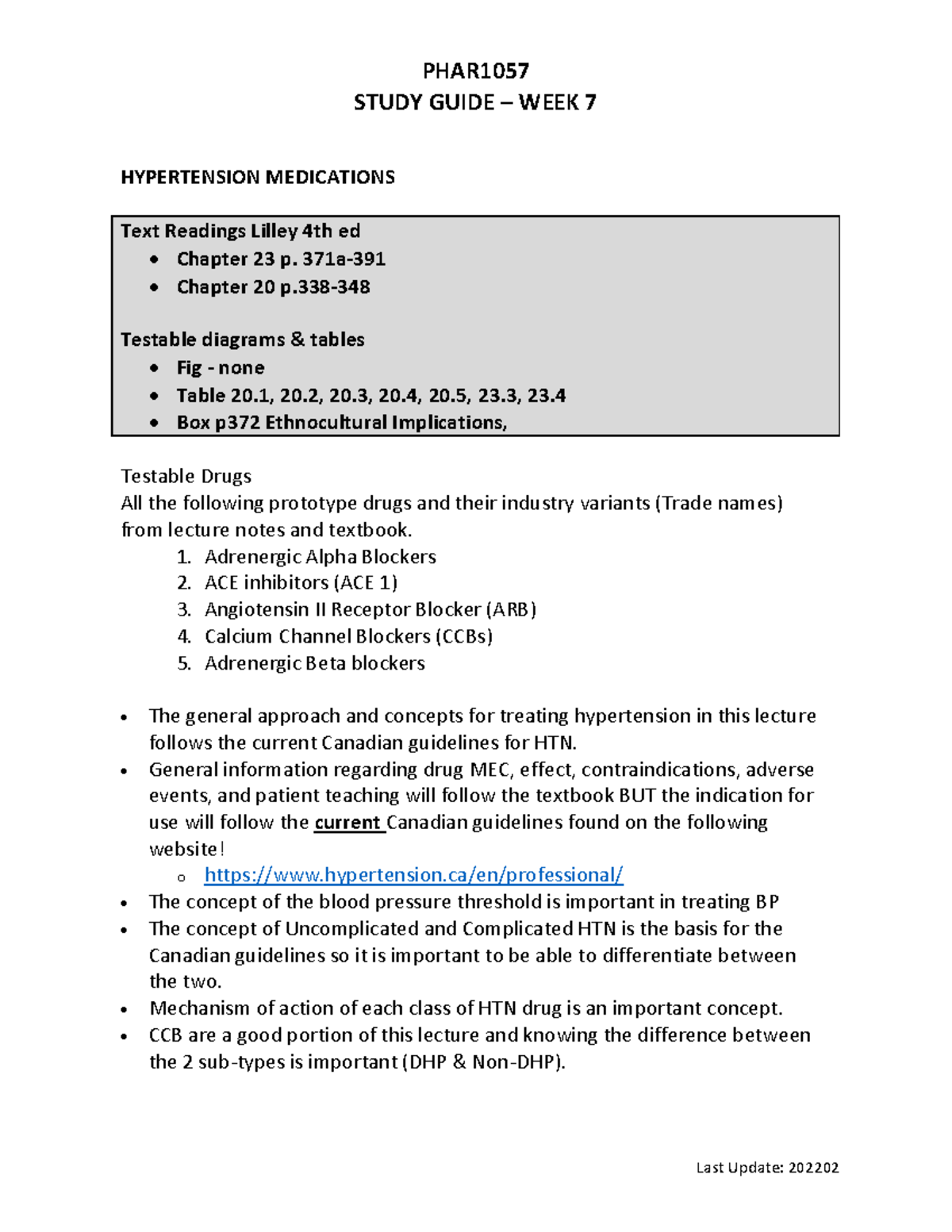 Study Guide - Week 7 - Hypertension Meds - PHAR STUDY GUIDE – WEEK 7 ...