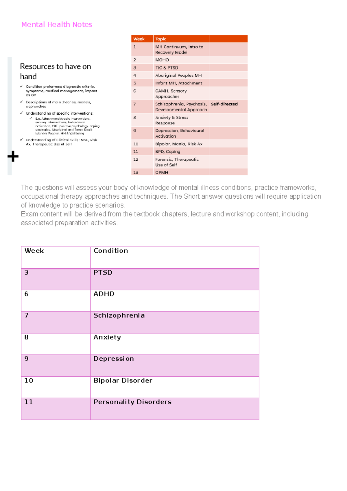 Mental Health Notes - The questions will assess your body of knowledge ...