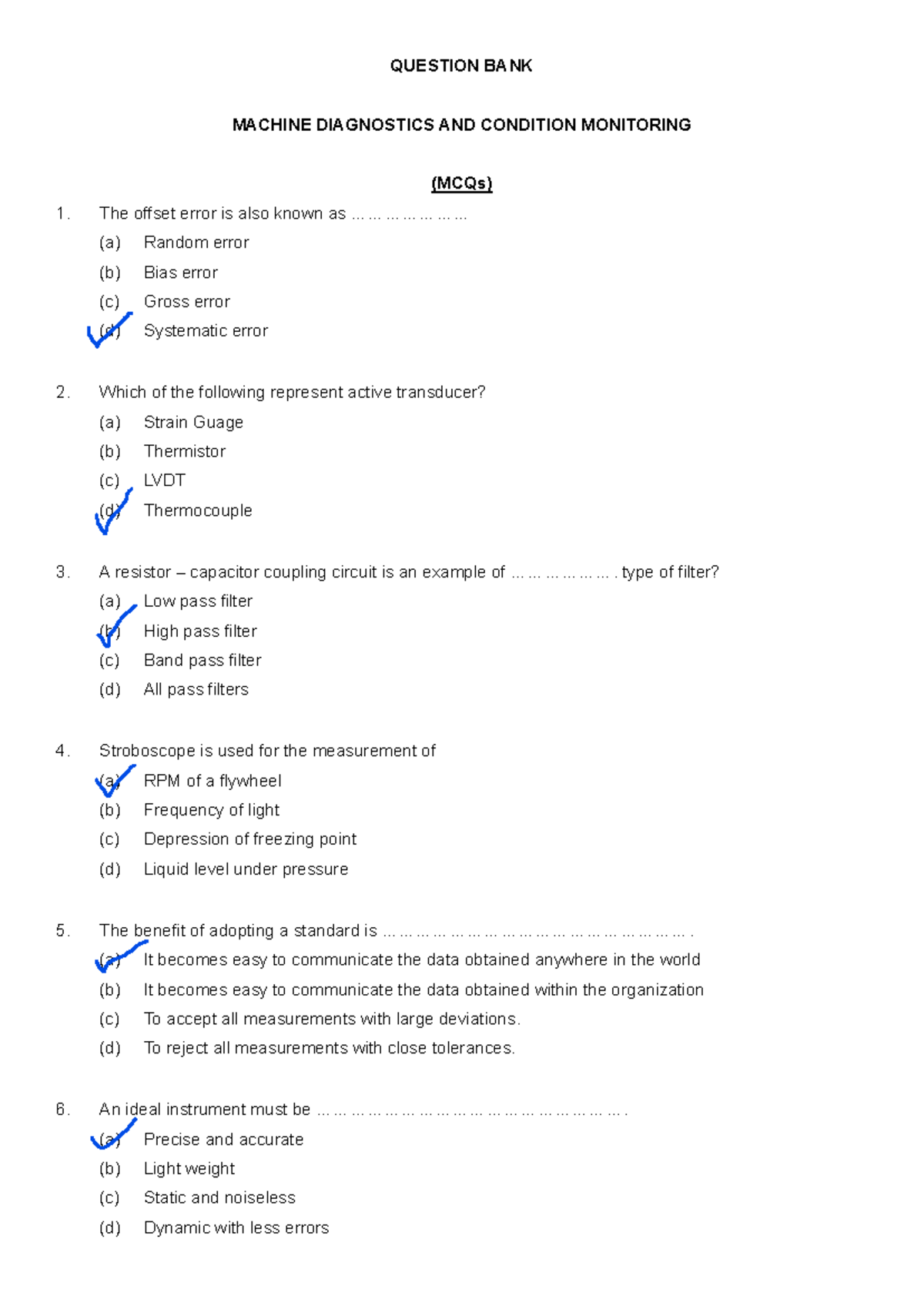 Question Bank M D C M - CT2 - QUESTION BANK MACHINE DIAGNOSTICS AND CONDITION MONITORING (MCQs ...