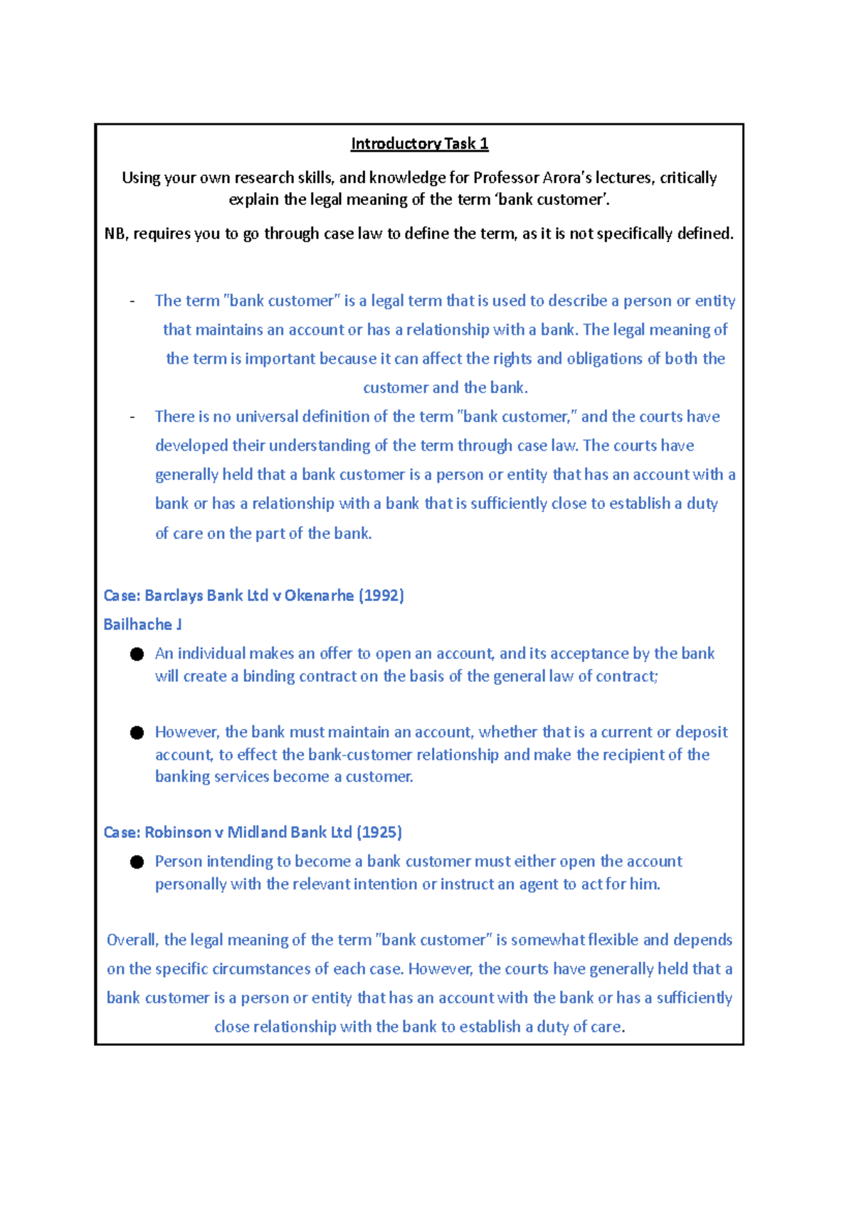 Banking Law s2 - Introductory Task 1 Using your own research skills, and knowledge for Professor ...