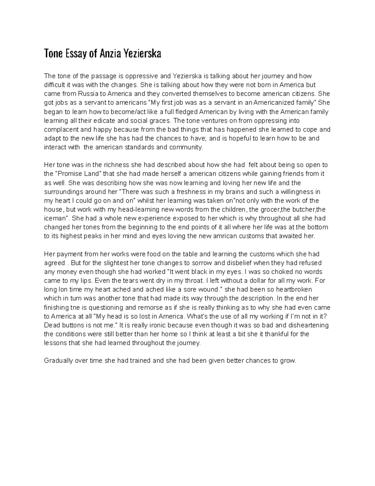 Tone Essay of Anzia Yezierska - ENGL 2830 - Chatt State - Studocu