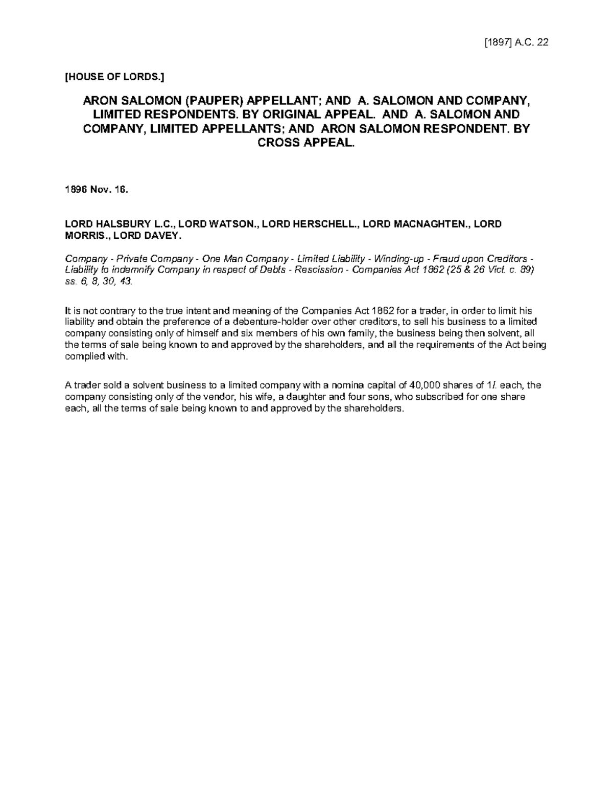 Salomon v Salomon [1897] AC 22 - [1897] A. 22 [HOUSE OF LORDS.] ARON ...
