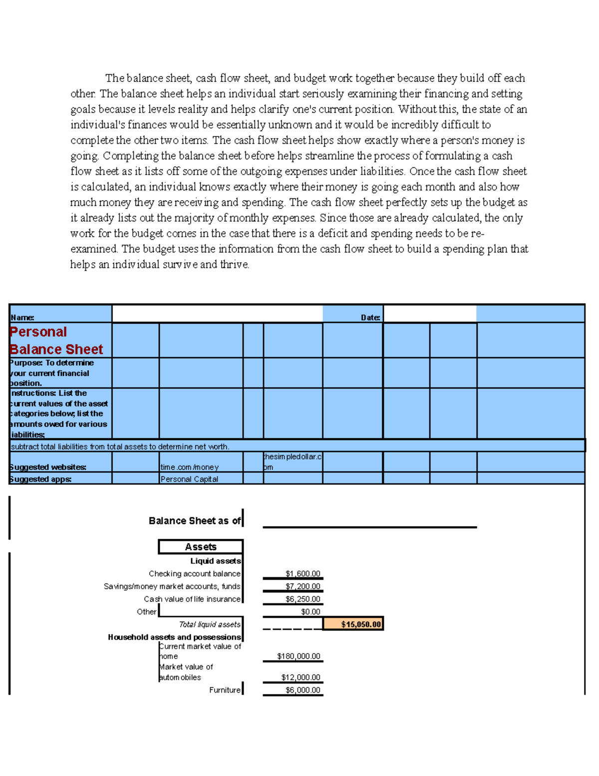 Filling Out Worksheets Exercise - The balance sheet, cash flow sheet ...