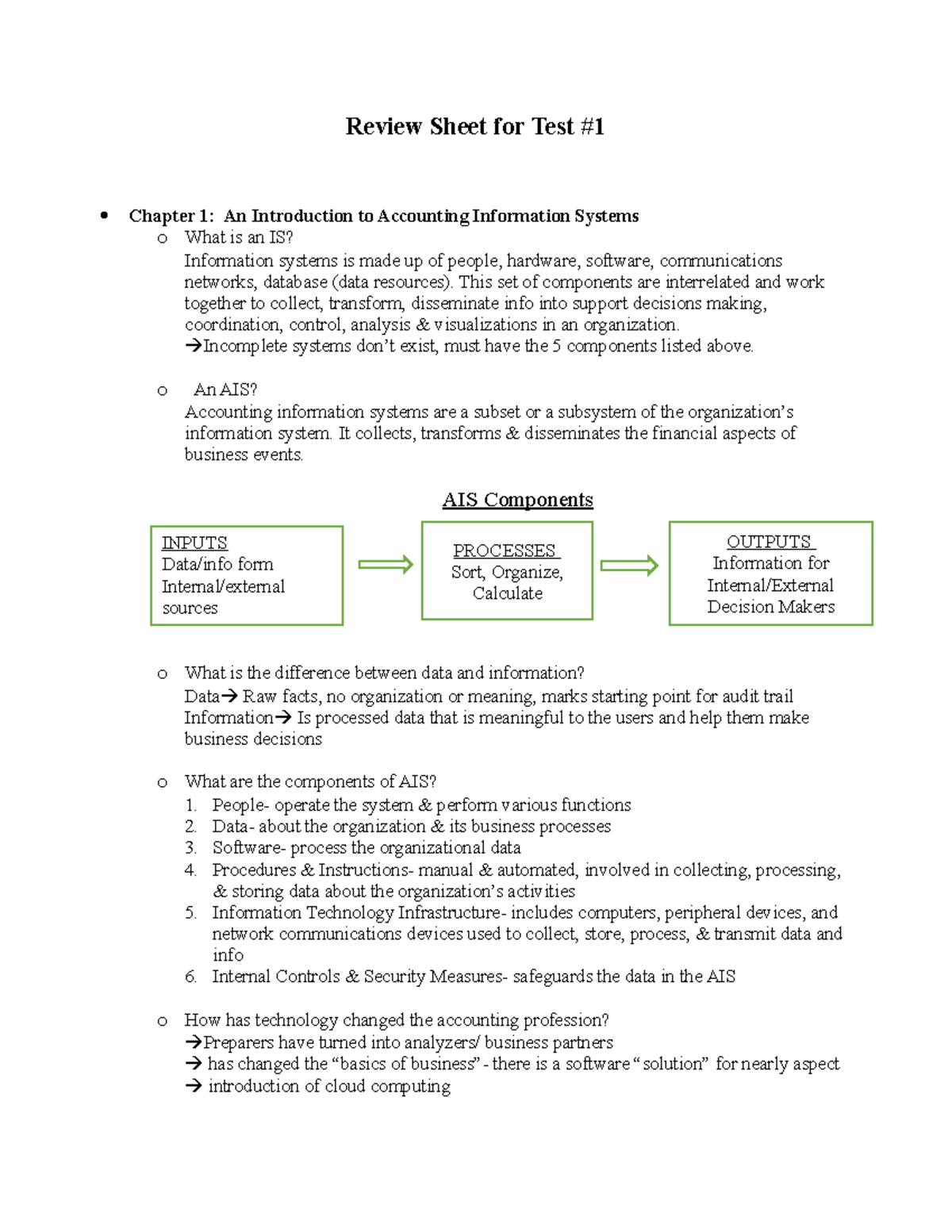 AIS Exam 1 Review - Review Sheet for Test Chapter 1: An Introduction to ...
