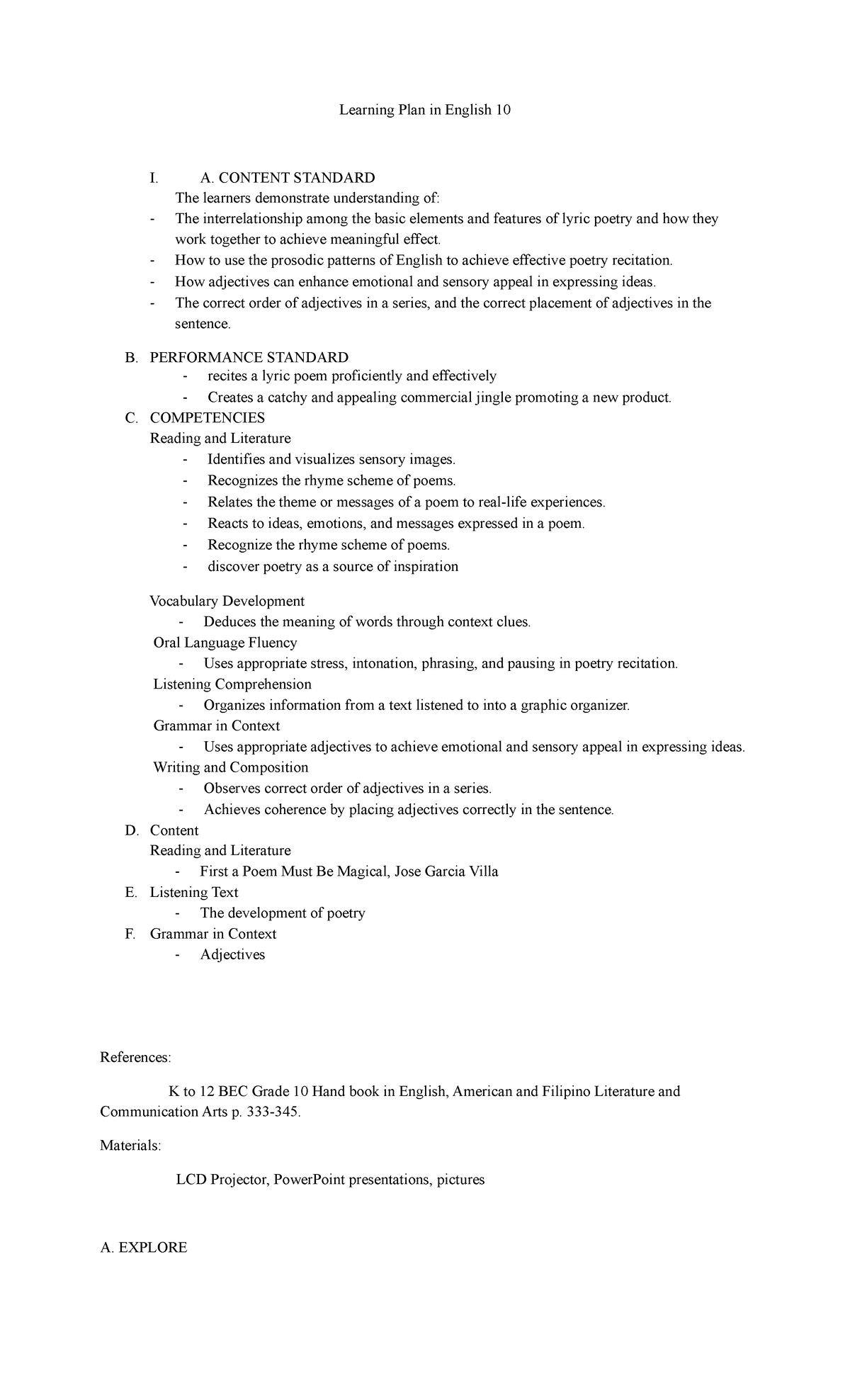 Learning Plan in English 10 - A. CONTENT STANDARD The learners ...