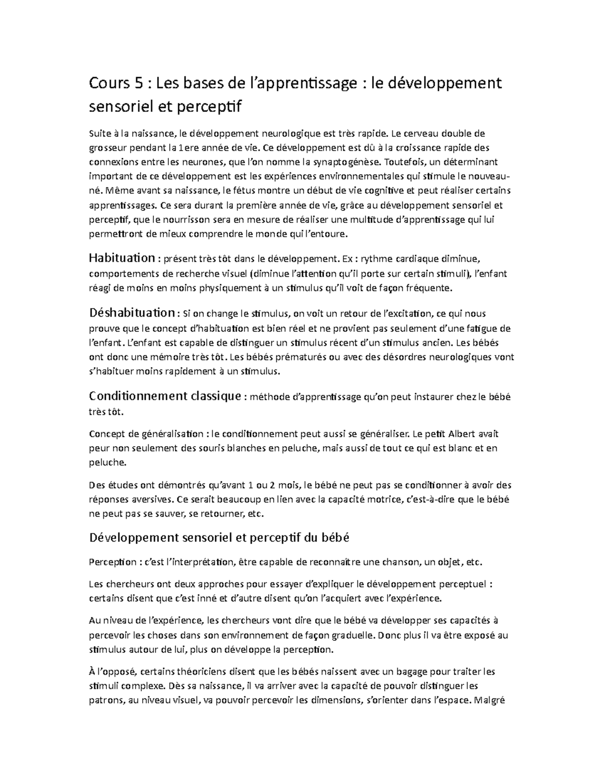 Note de cours 5,6,7 et 8 - Module 5 - Les bases de l’apprentissage, le ...