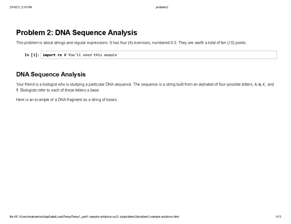 Problem 2 - Problem 2: DNA Sequence Analysis This problem is about ...