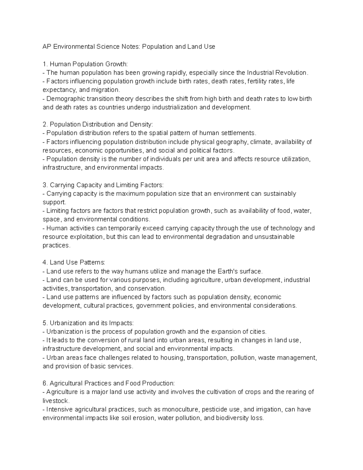 AP Environmental Science Notes Population and Land Use - Factors ...