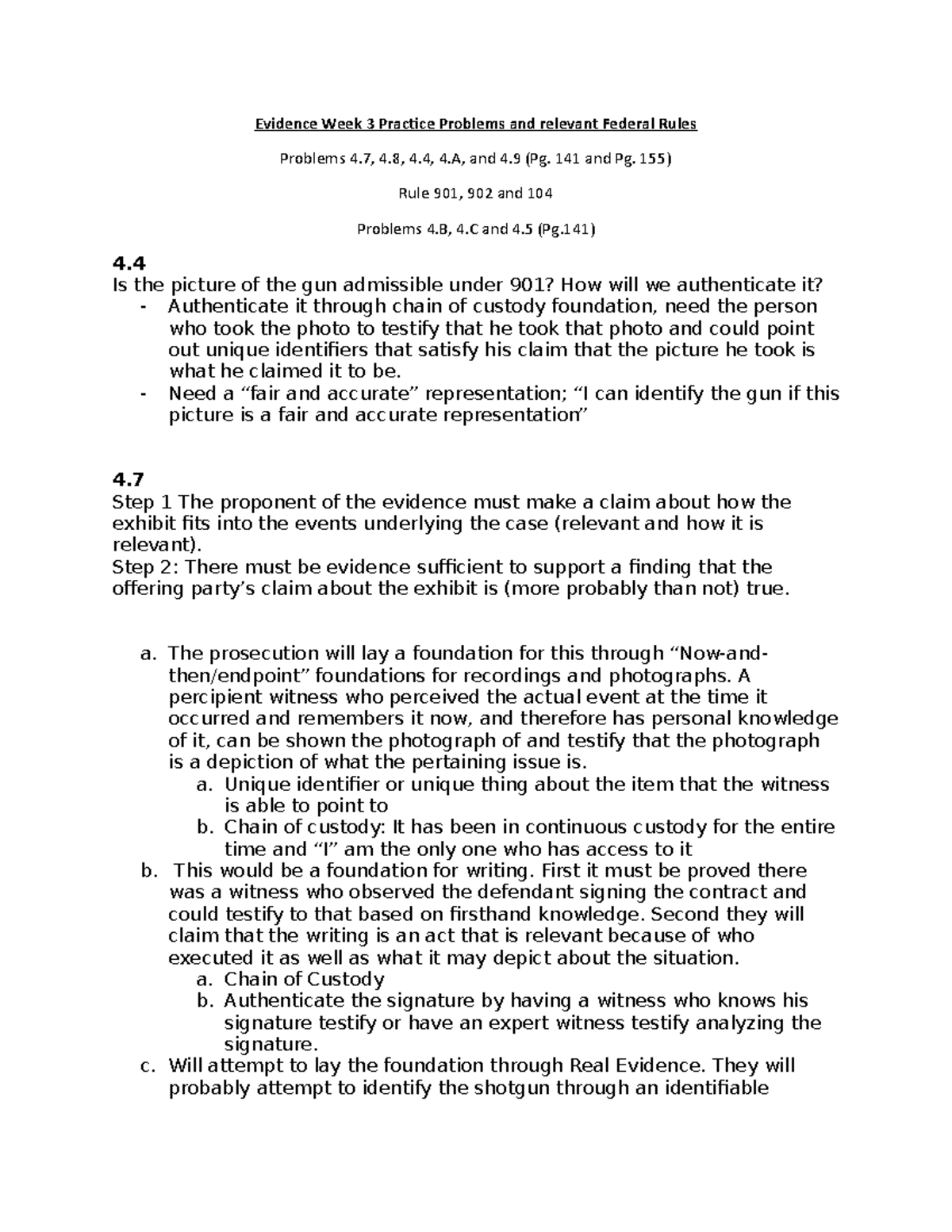 Evidence Week 3 Practice Problems and relevant Federal Rules - 141 and ...