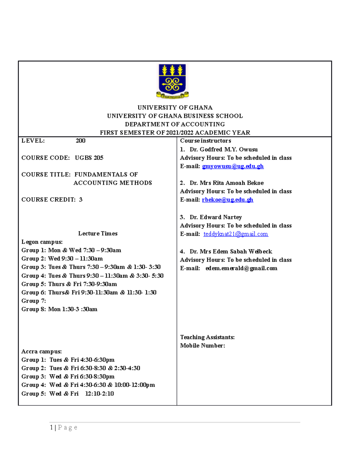 Course Outline UGBS 205 2021 STEP BY STEP WORK OUTLINE - UNIVERSITY OF ...