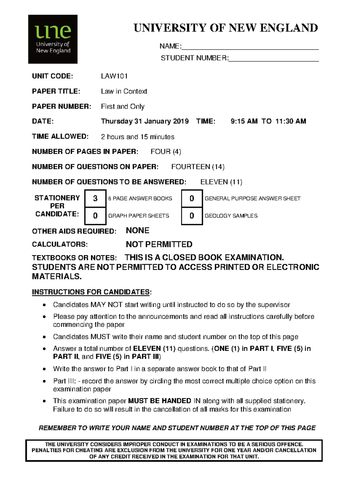 Exam 2019 - THE UNIVERSITY CONSIDERS IMPROPER CONDUCT IN EXAMINATIONS ...