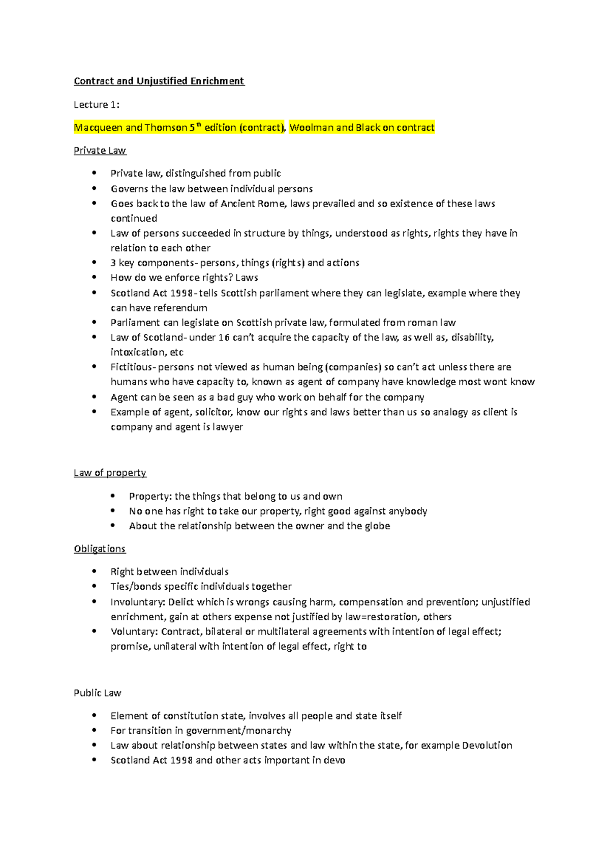 Lecture 1 - notes - Contract and Unjustified Enrichment Lecture 1 ...