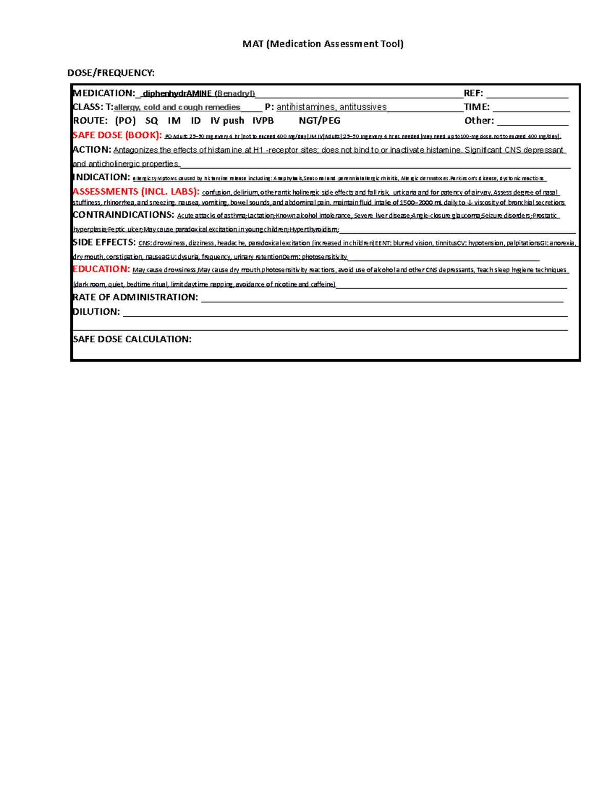Diphenhydr Amine (Benadryl) - MAT (Medication Assessment Tool) DOSE ...