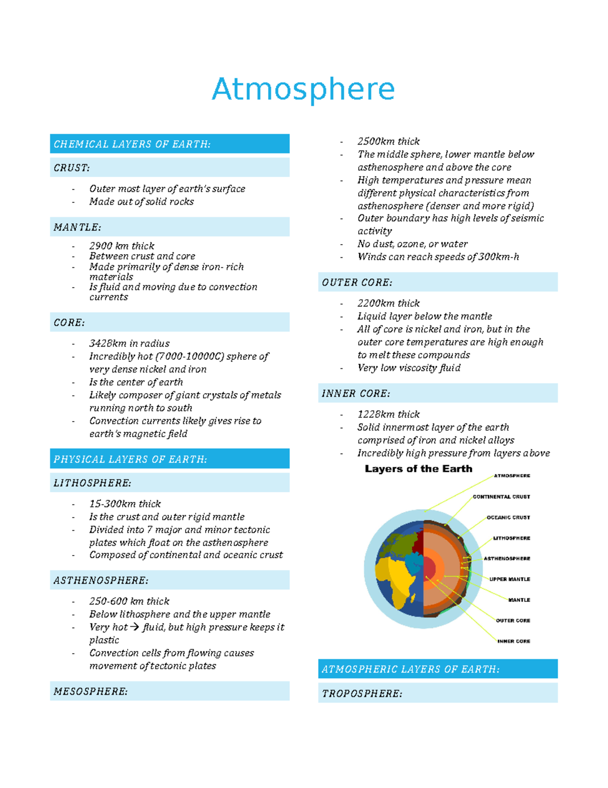 Atmosphere - Atmosphere CHEMICAL LAYERS OF EARTH: CRUST: Outer most ...