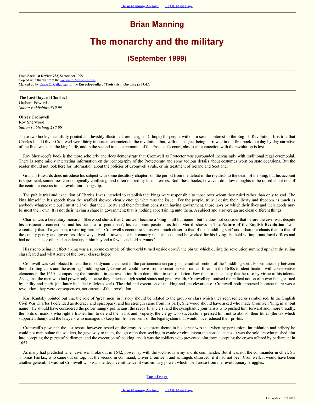 Brian Manning The monarchy and the military (September 1999) - Brian ...