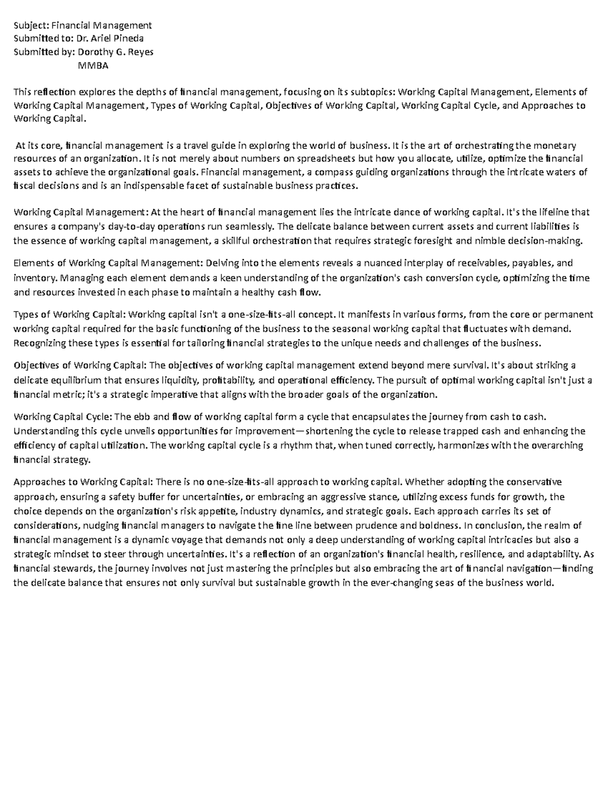 MMBA.Financial Management Reflection - Subject: Financial Management ...