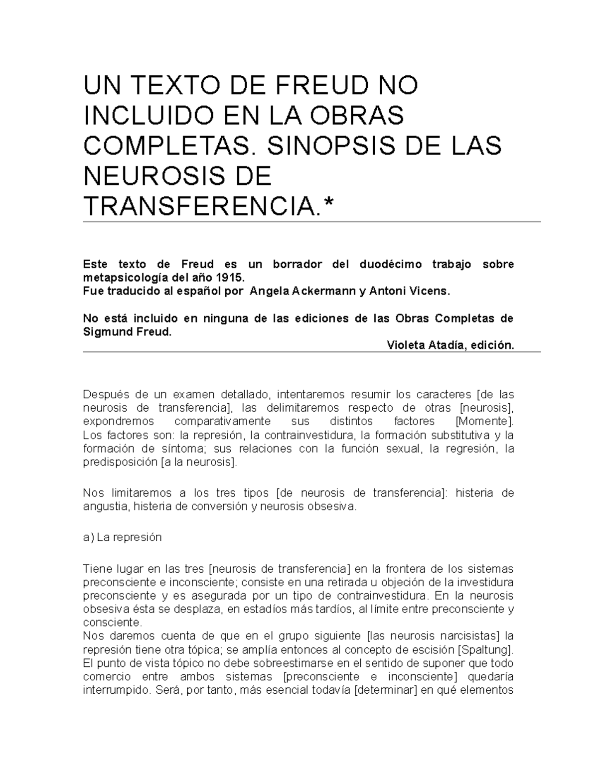 Freud, S. (1915) Sinopsis de las Neurosis de Transferencia - UN TEXTO ...