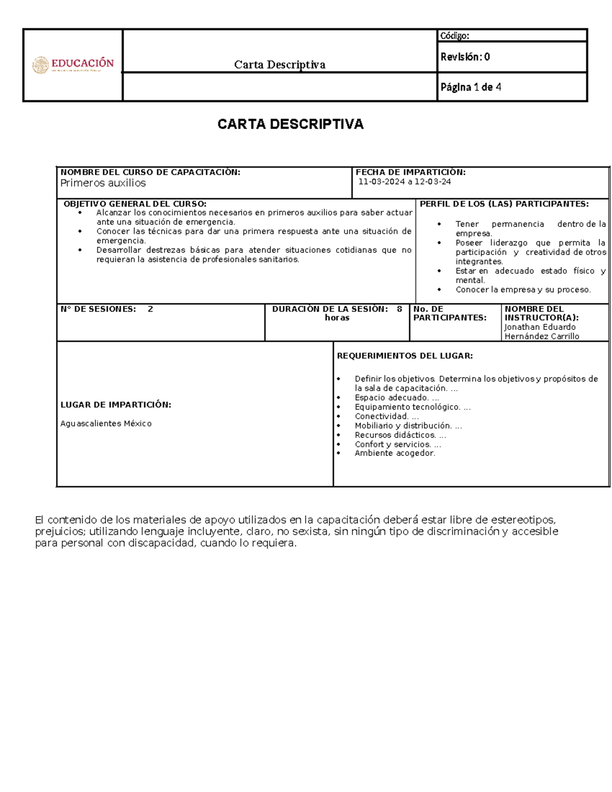 Carta Descriptiva PA - PRIMEROS AUXILIOS - Carta Descriptiva Revisión ...