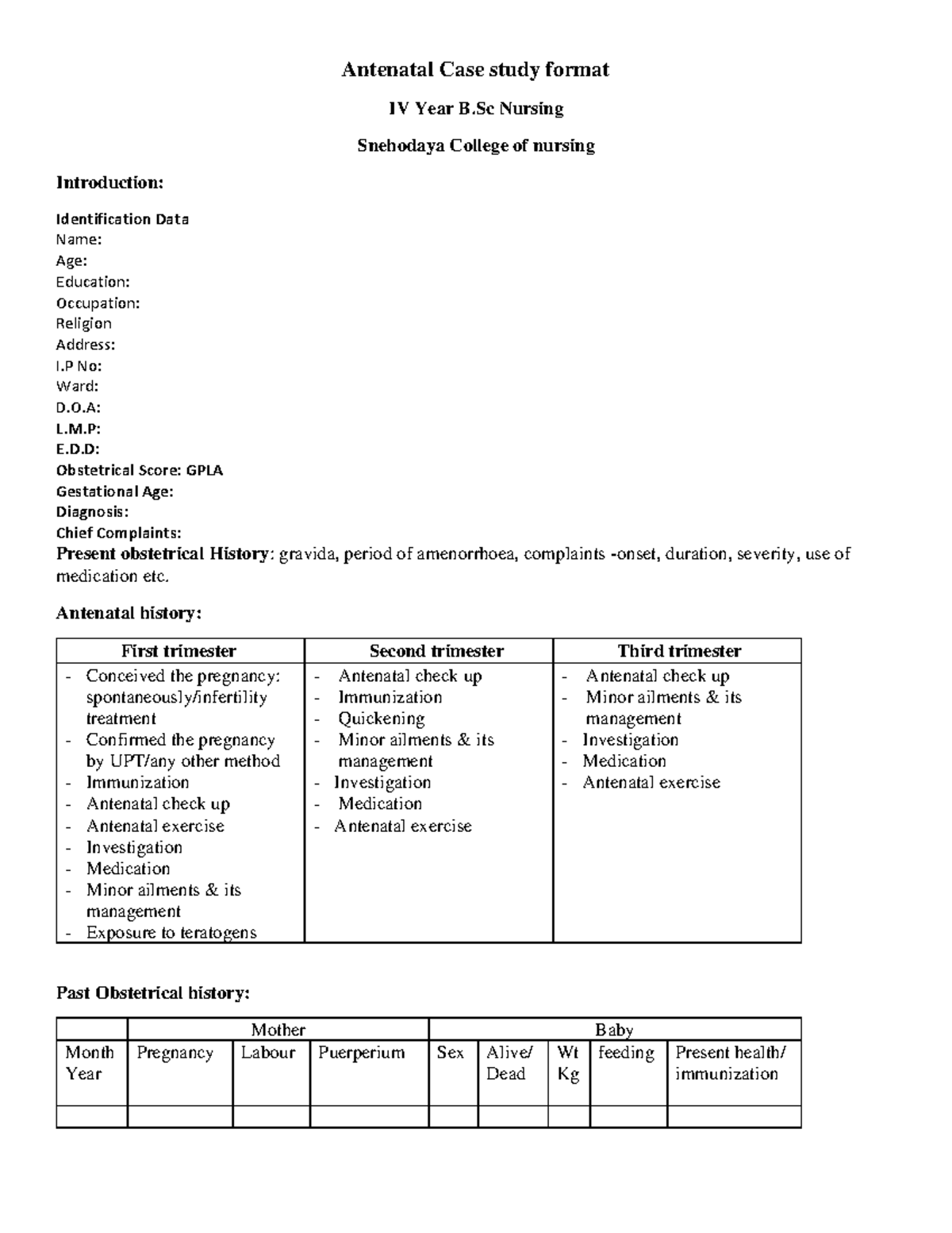 Case study format - O: L.M: E.D: Obstetrical Score: GPLA Gestational ...