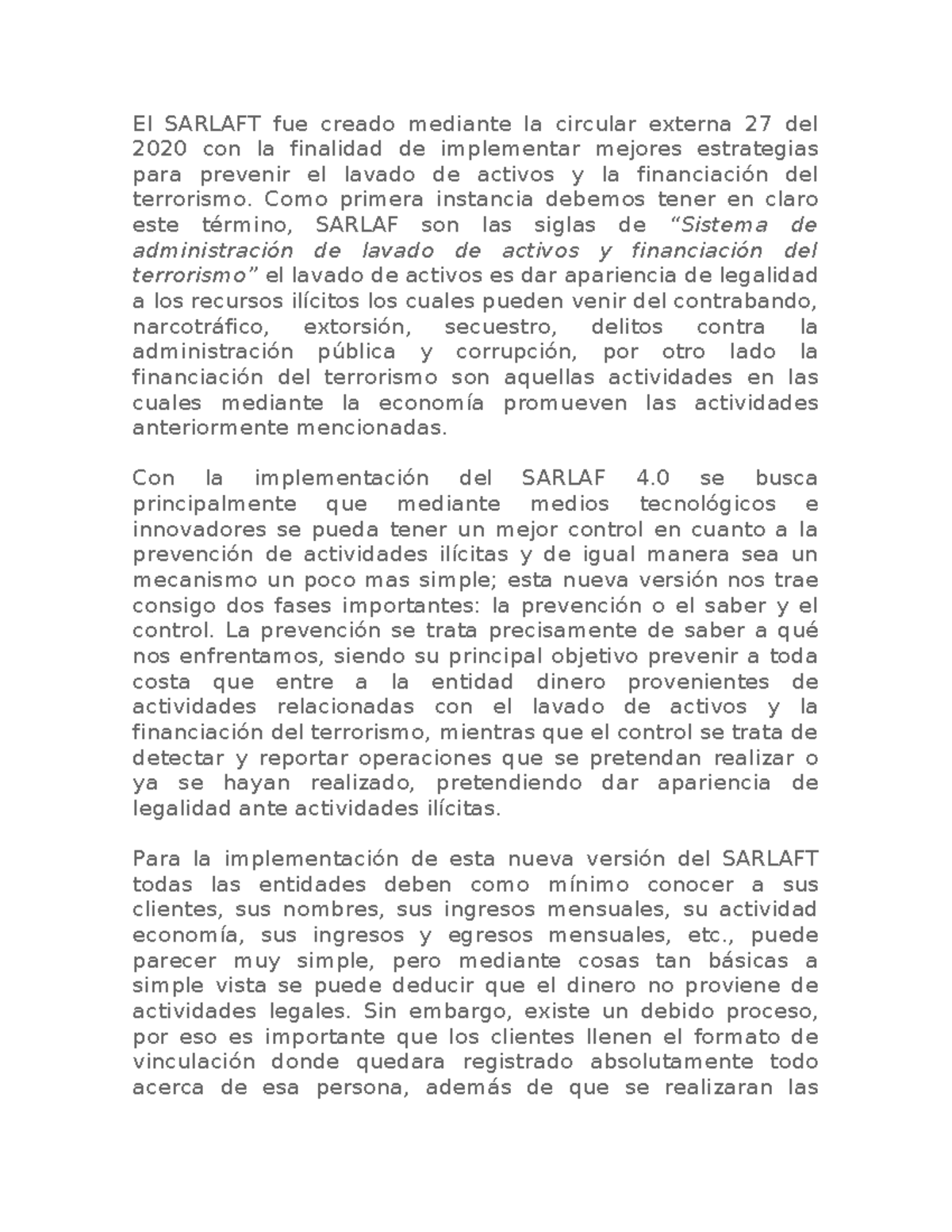 Sarlaf 4.0 resumen - El SARLAFT fue creado mediante la circular externa ...