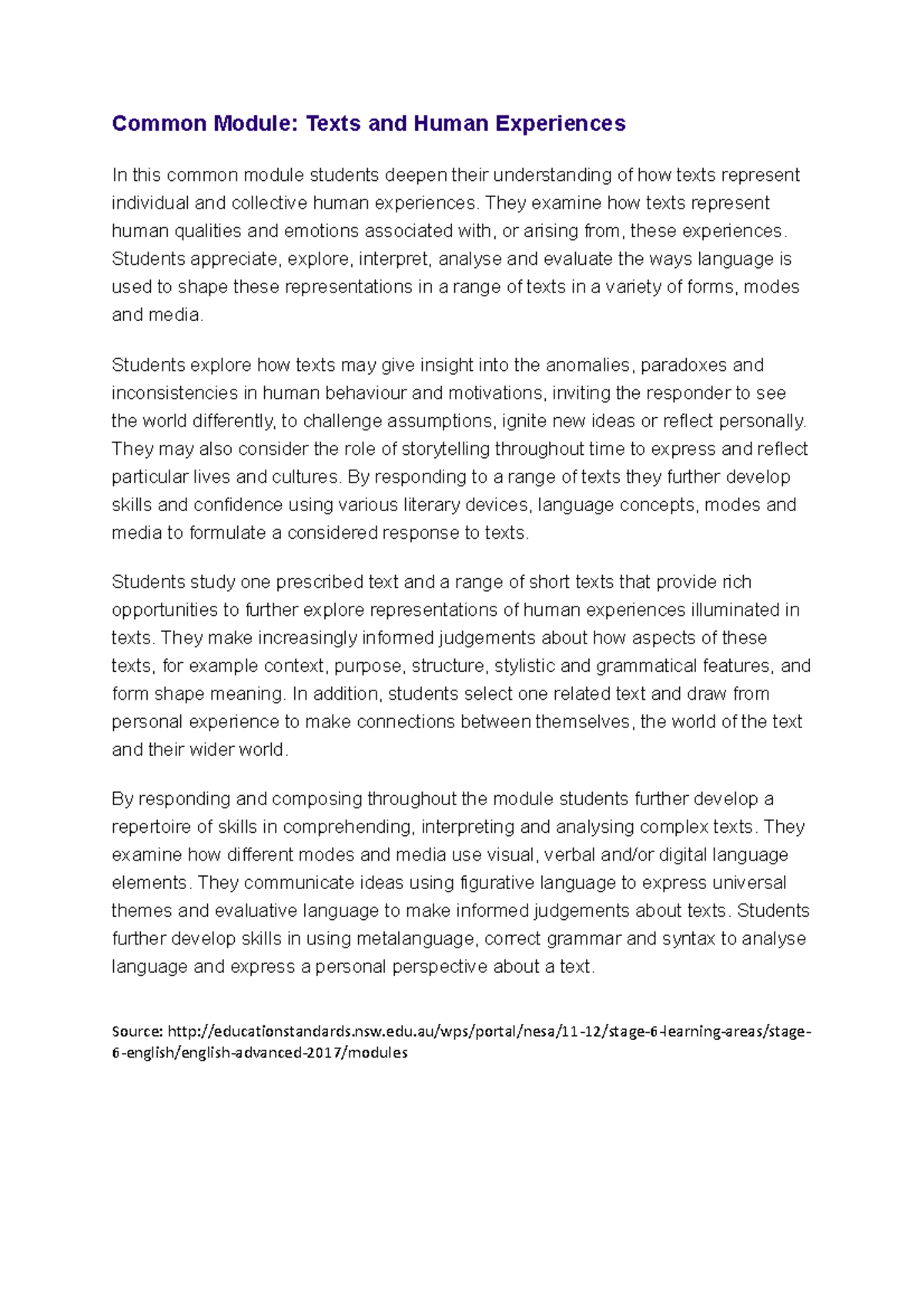 Common Module Rubric - Lol - Common Module: Texts and Human Experiences ...