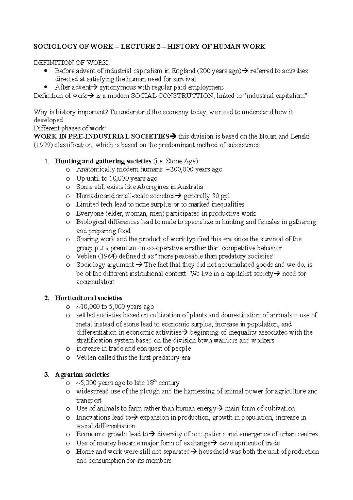 History of Human Work - SOCIOLOGY OF WORK LECTURE 2 HISTORY OF HUMAN ...