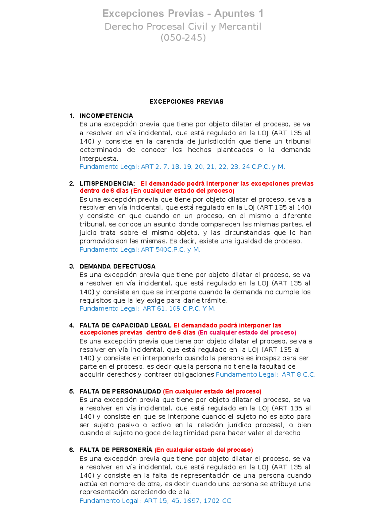 Exepciones Previas - excepciones - Excepciones Previas - Apuntes 1 ...