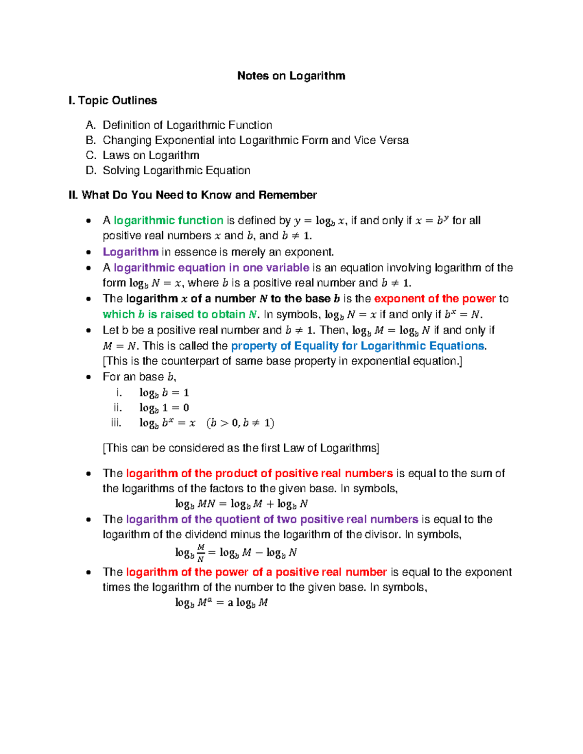 Notes on Logarithms - Topic Outlines A. Definition of Logarithmic ...