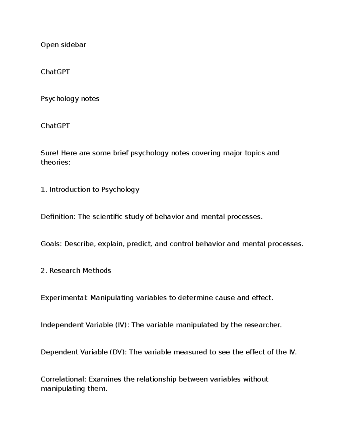 Introduction to psychology - Open sidebar ChatGPT Psychology notes ...