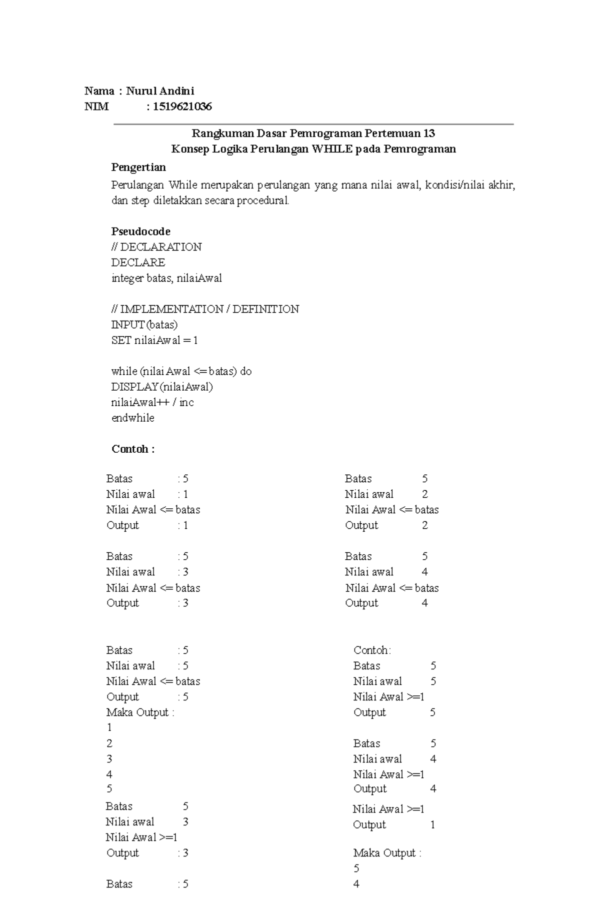 Pertemuan 13 Konsep Logika Perulangan While Pada Pemrograman Pseudocode Declaration Declare 0568