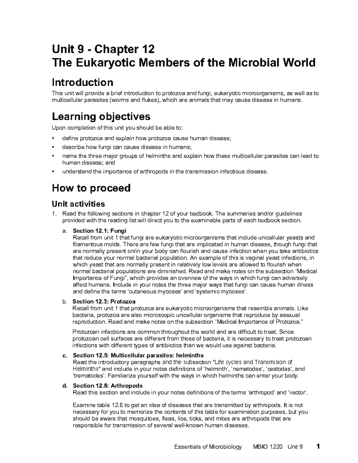 Unit9 9th ed - Essentials of Microbiology MBIO 1220 Unit 9 1 Unit 9 - Chapter 12 The Eukaryotic ...
