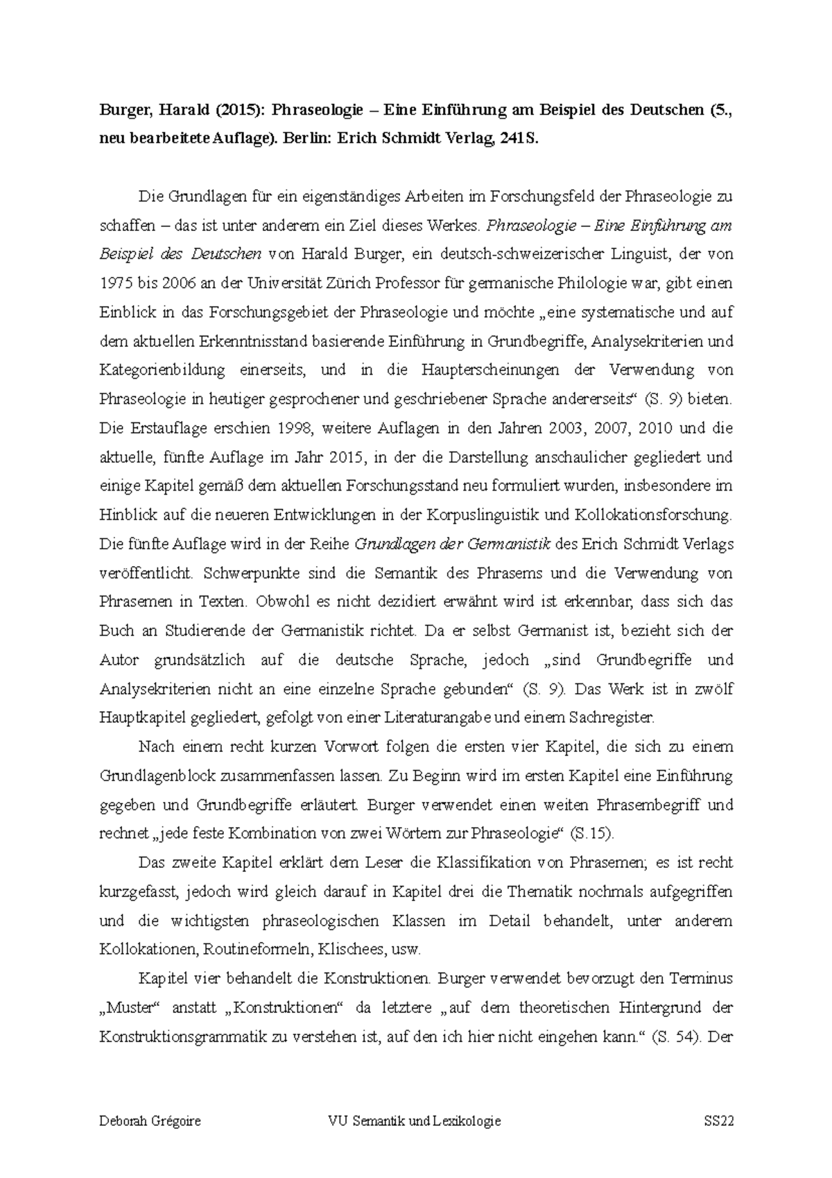 Rezension Gregoire Burger - Burger, Harald (2015): Phraseologie – Eine ...