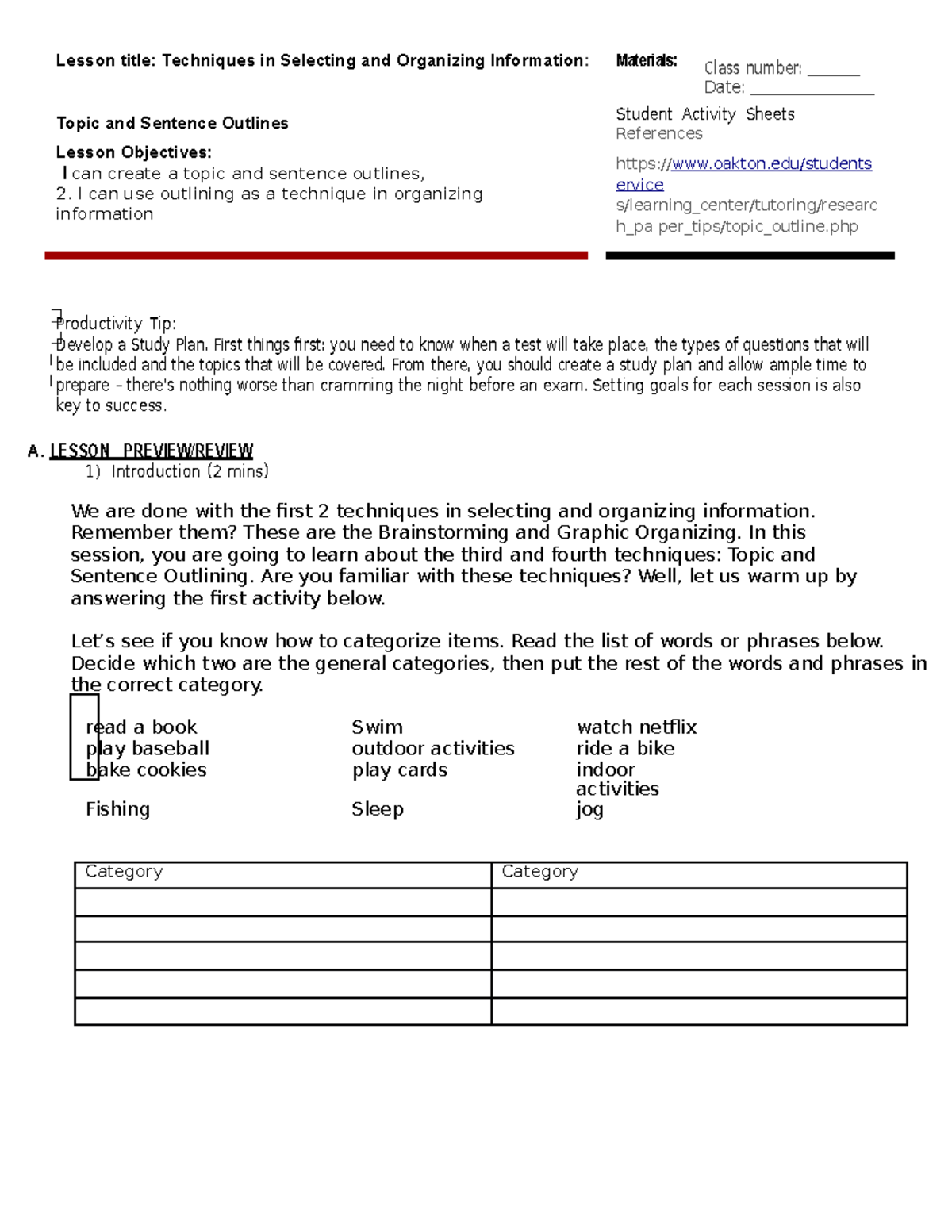 Topic and Sentence Outlines - Lesson title: Techniques in Selecting and ...